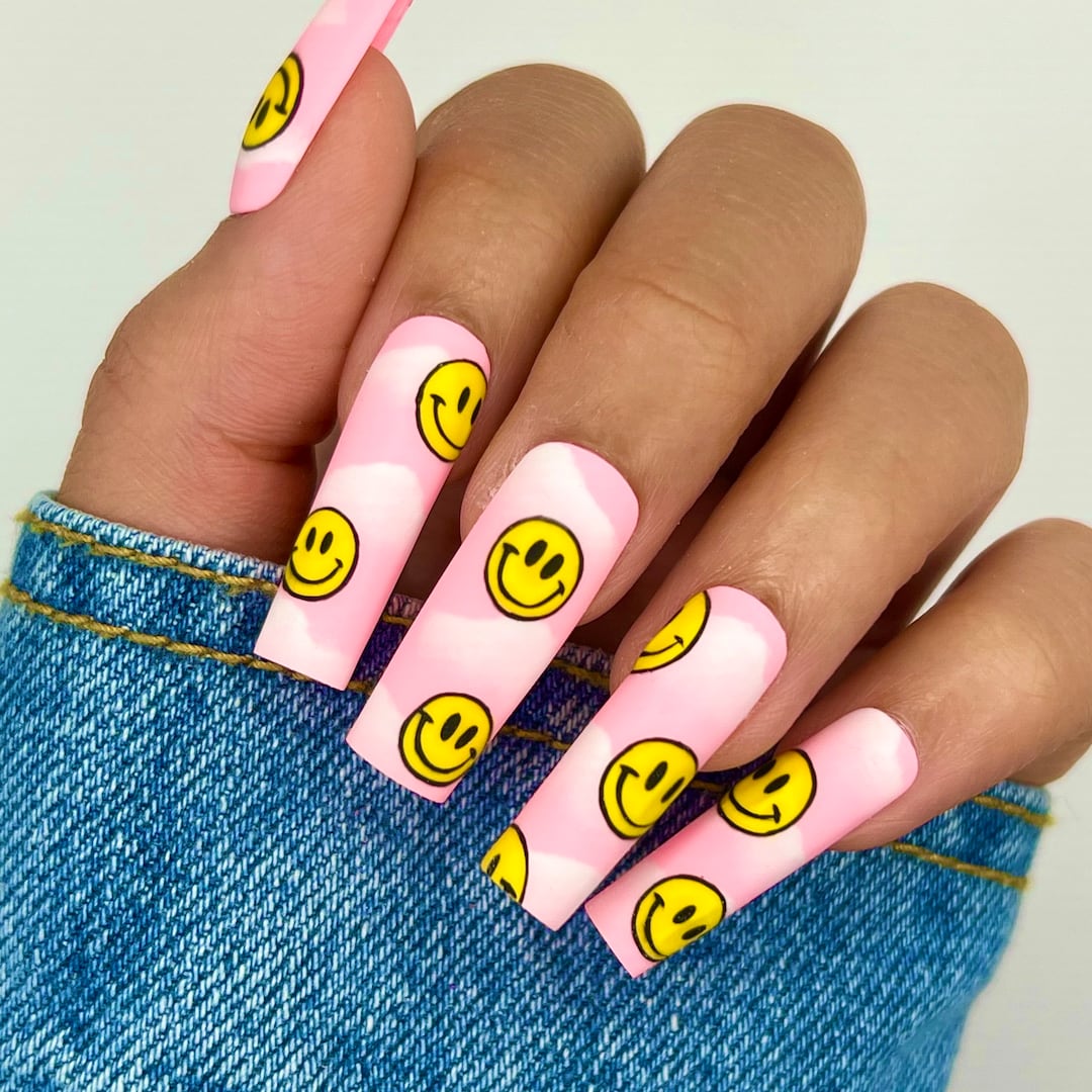Pink Smiley Face Cloud Press on Nails | Square Nails | Glue on Nails ...