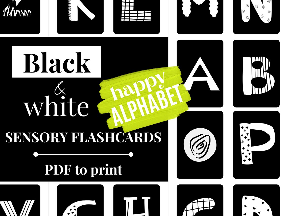 Black and White Flashcards With Happy Alphabet, Sensory Black and White ...