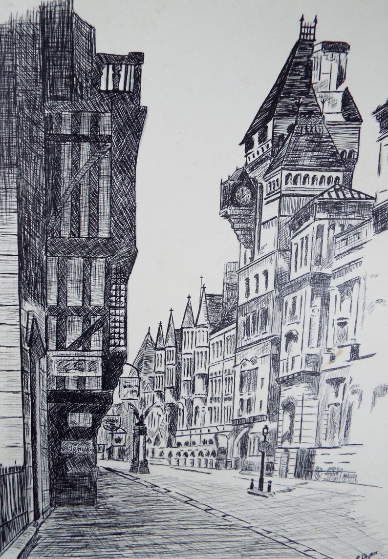 Original Pen & Ink, 'street Scene', Dated 1930, Artist Unknown - Etsy