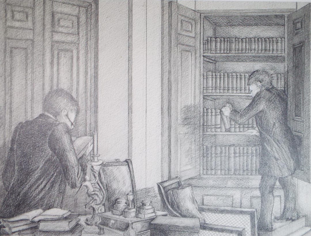 Original Pencil Drawing,'figures in the Library', Edmund Caswell (1938 ...