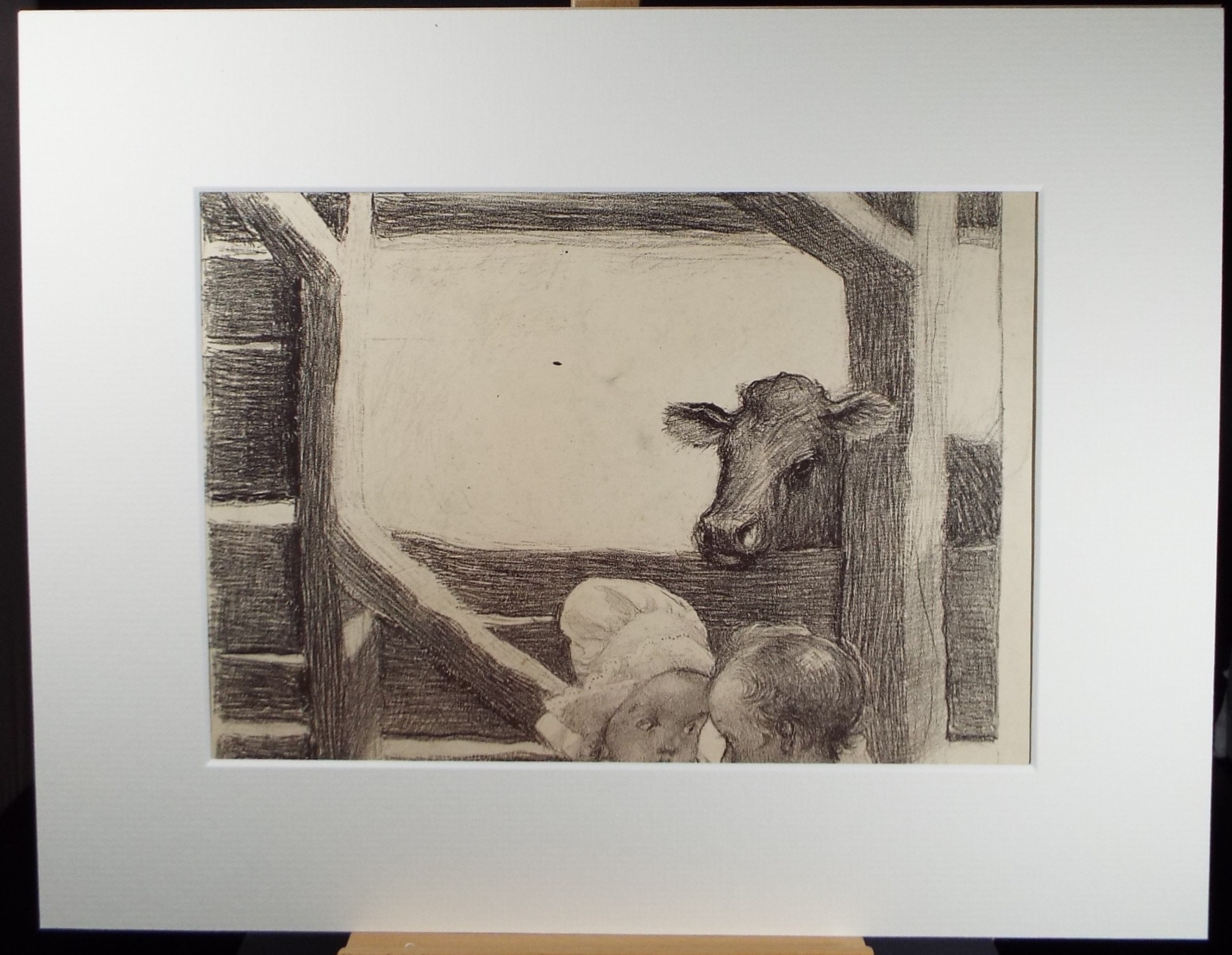 Original Pencil Drawing, 'two Children and a Cow', Susan Beatrice ...