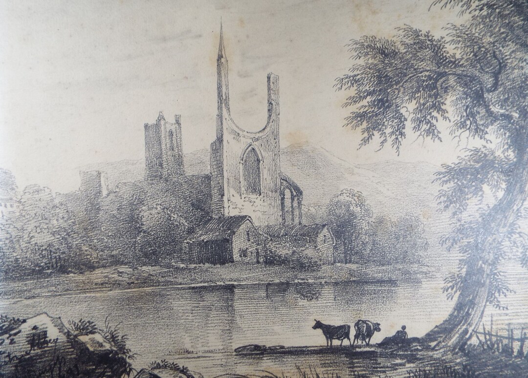 Original Pencil Drawing,'abbey Ruins With Cattle & Figures', John Cart ...