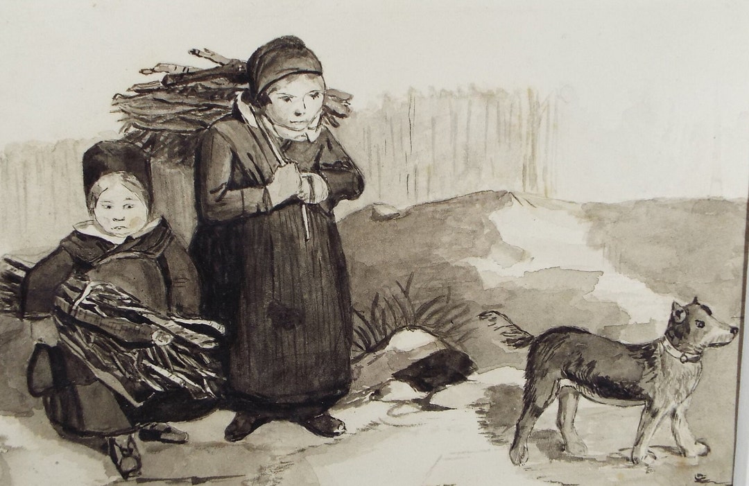 Original Pen & Ink Drawing, 'women Gathering Firewood', Mid 19th ...