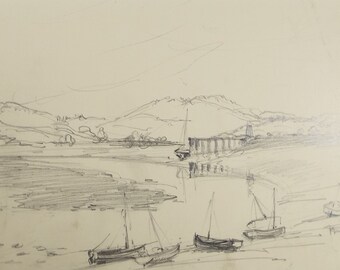 Original Pencil Drawing 'river Estuary With Boats' - Etsy