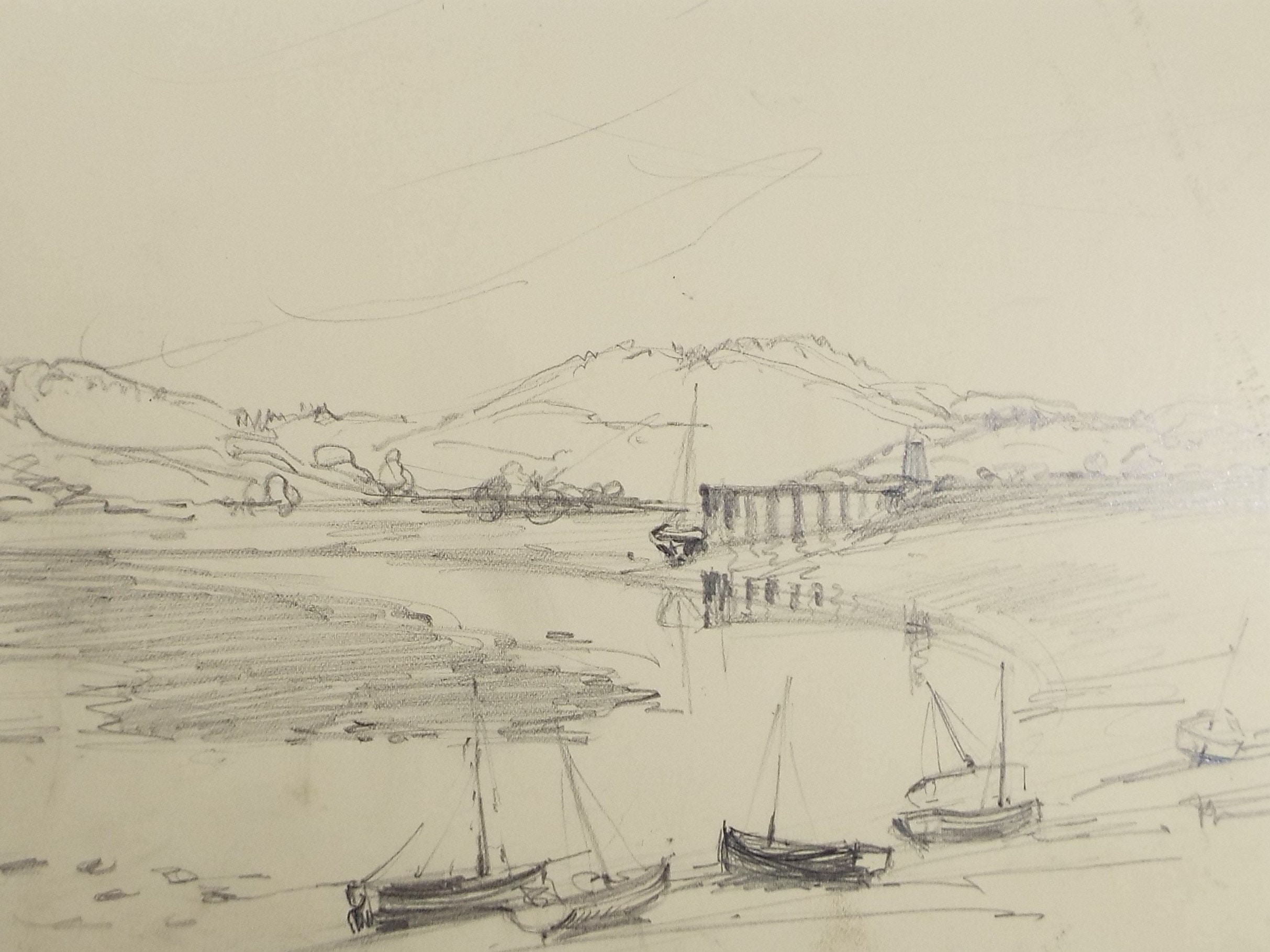 Original Pencil Drawing 'river Estuary With Boats' - Etsy