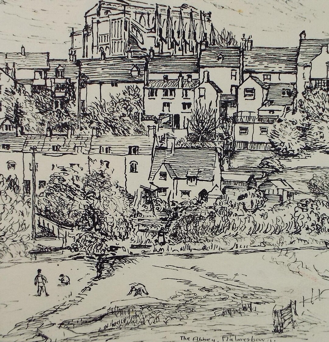 Original Pen & Ink Sketch, 'the Abbey, Malmesbury', Unknown Artist ...