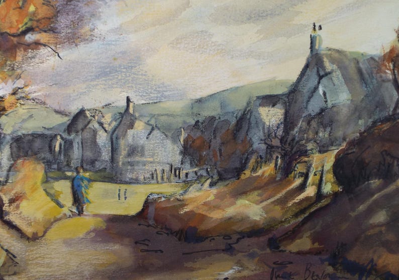 Original Watercolour, 'village Landscape With Figures', June Bevan ...