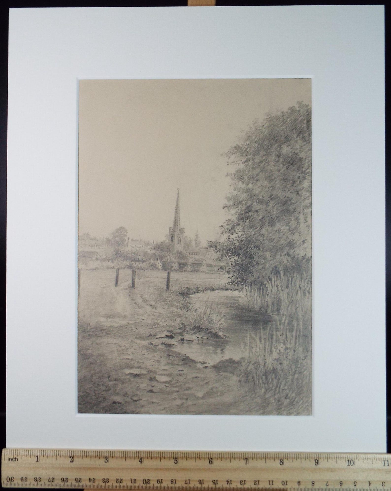 Original Pencil Drawing 'river With Town Beyond', Marion E Jones (1837 ...