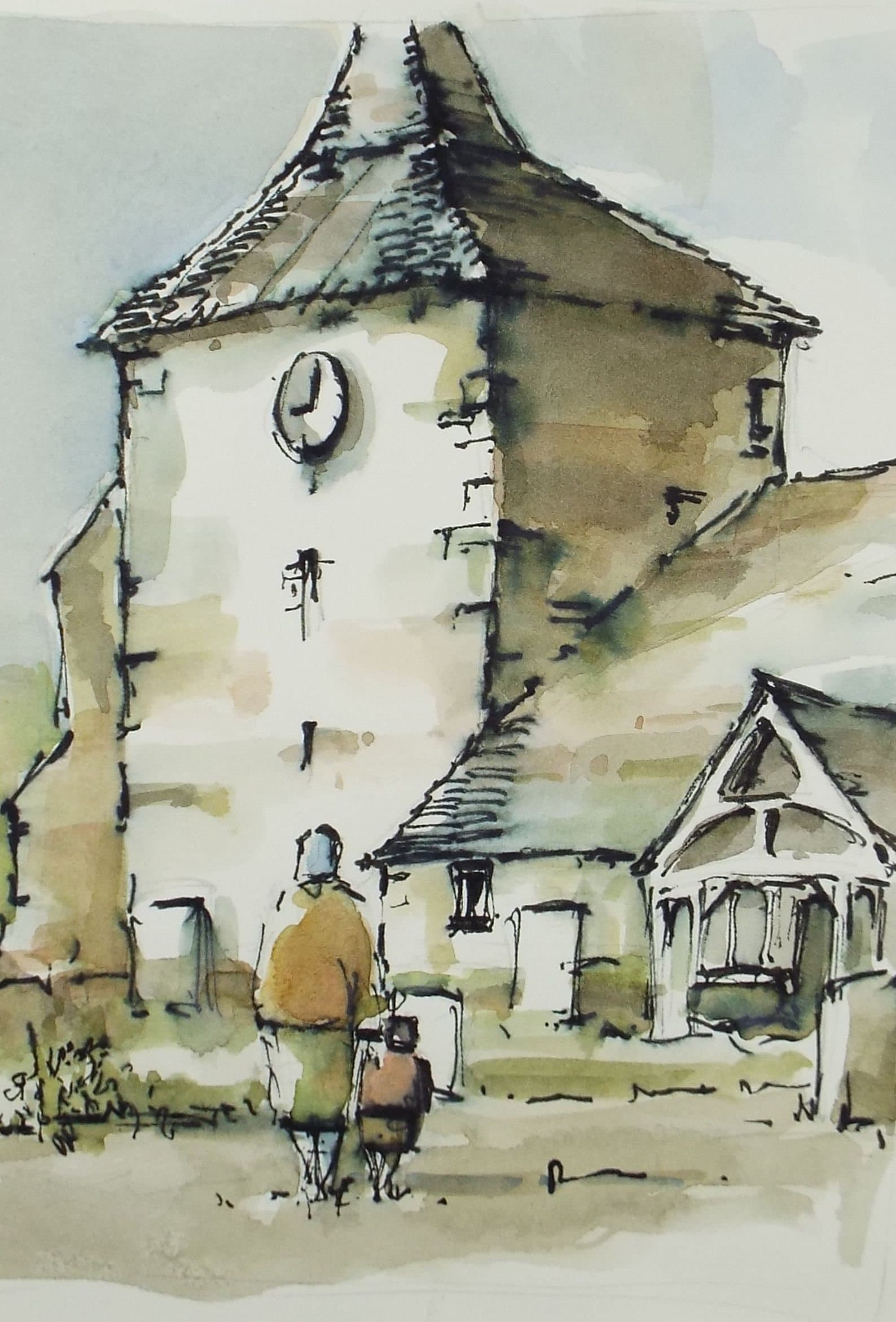 Original Watercolour & Ink, 'figures Before the Church', Circa 1990's ...