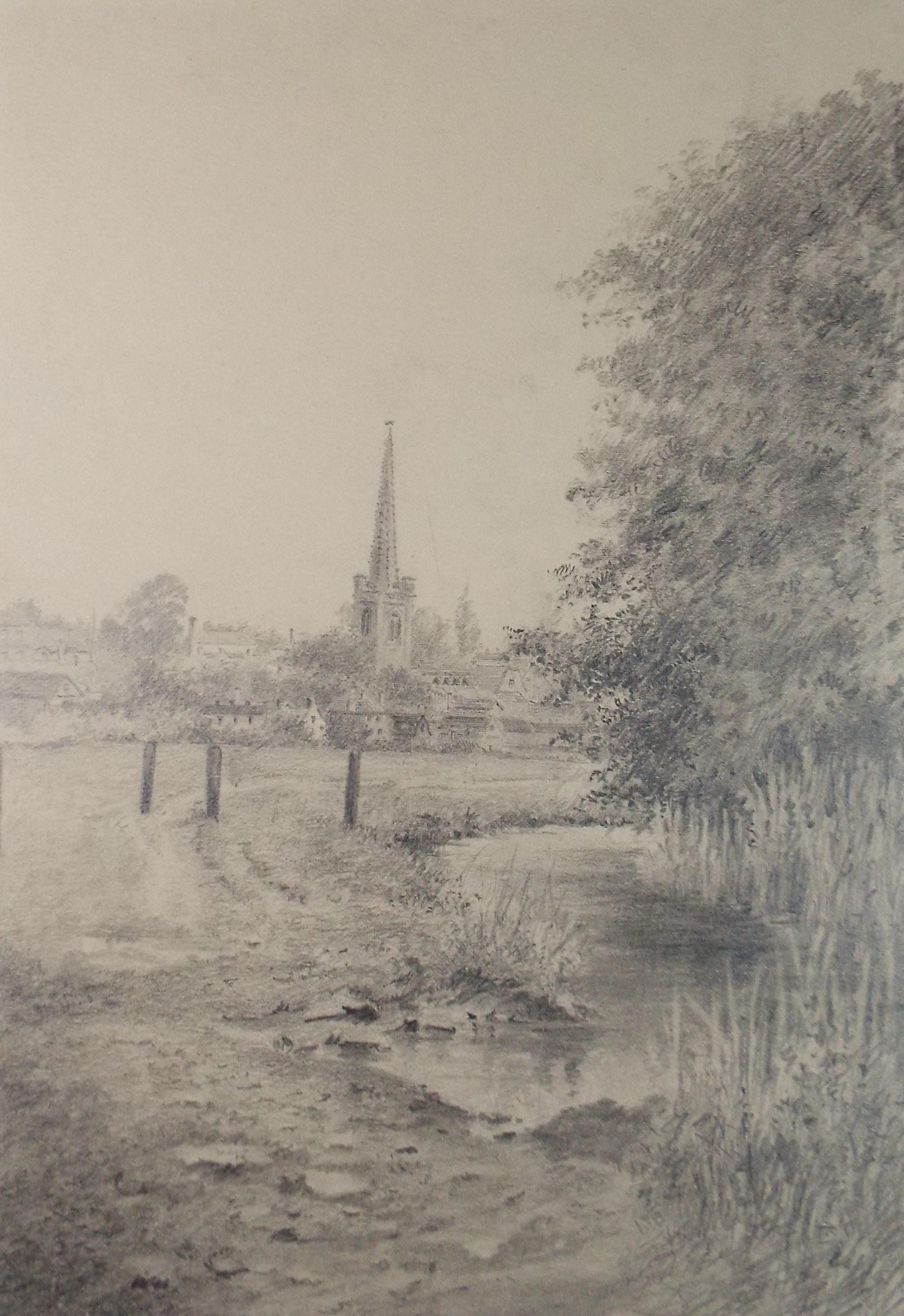 Original Pencil Drawing 'river With Town Beyond', Marion E Jones (1837 ...