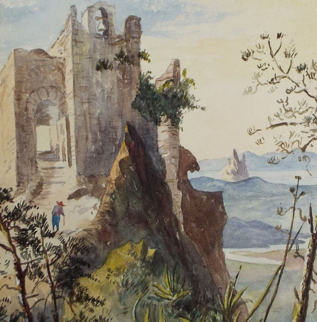 Original Watercolour, 'hilltop Bell Tower', Unknown Artist - Late 19th ...