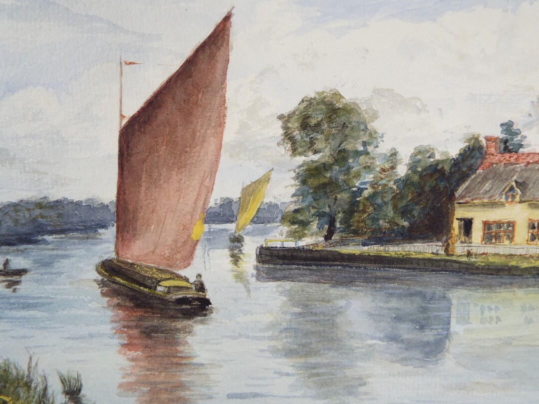 Original Watercolour, 'sailing Barges on the River', C1910, Unknown ...