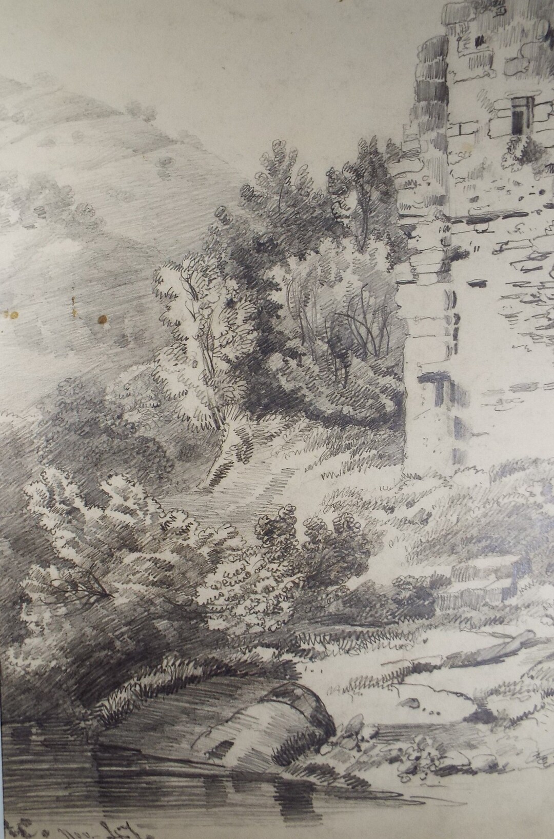 Original Pencil Drawing , 'landscape With Ruin', Dated 1847, Artist ...