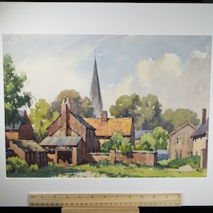 Original Watercolour on Paper, 'farm Buildings With Church Spire ...