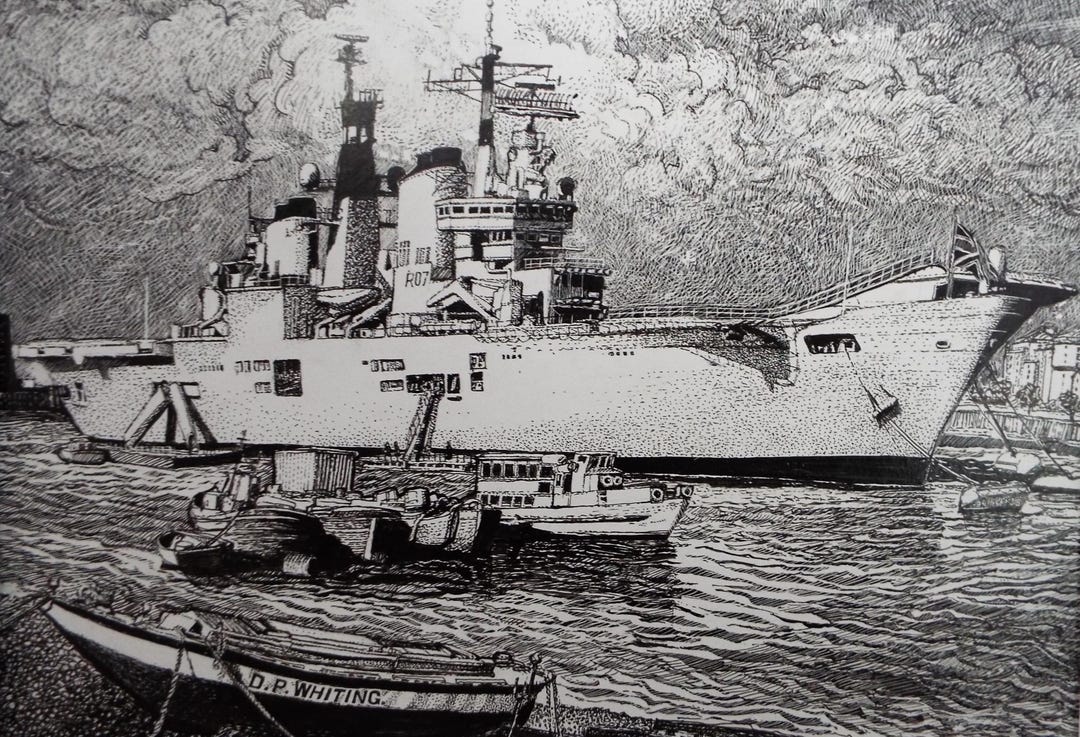 Original Scraperboard & Ink Drawing, 'HMS Ark Royal', Lorraine Abraham ...