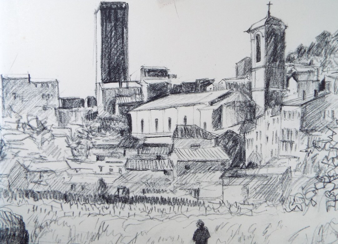 Original Pencil & Conte Drawing, 'mountain Village', Circa 1990's ...