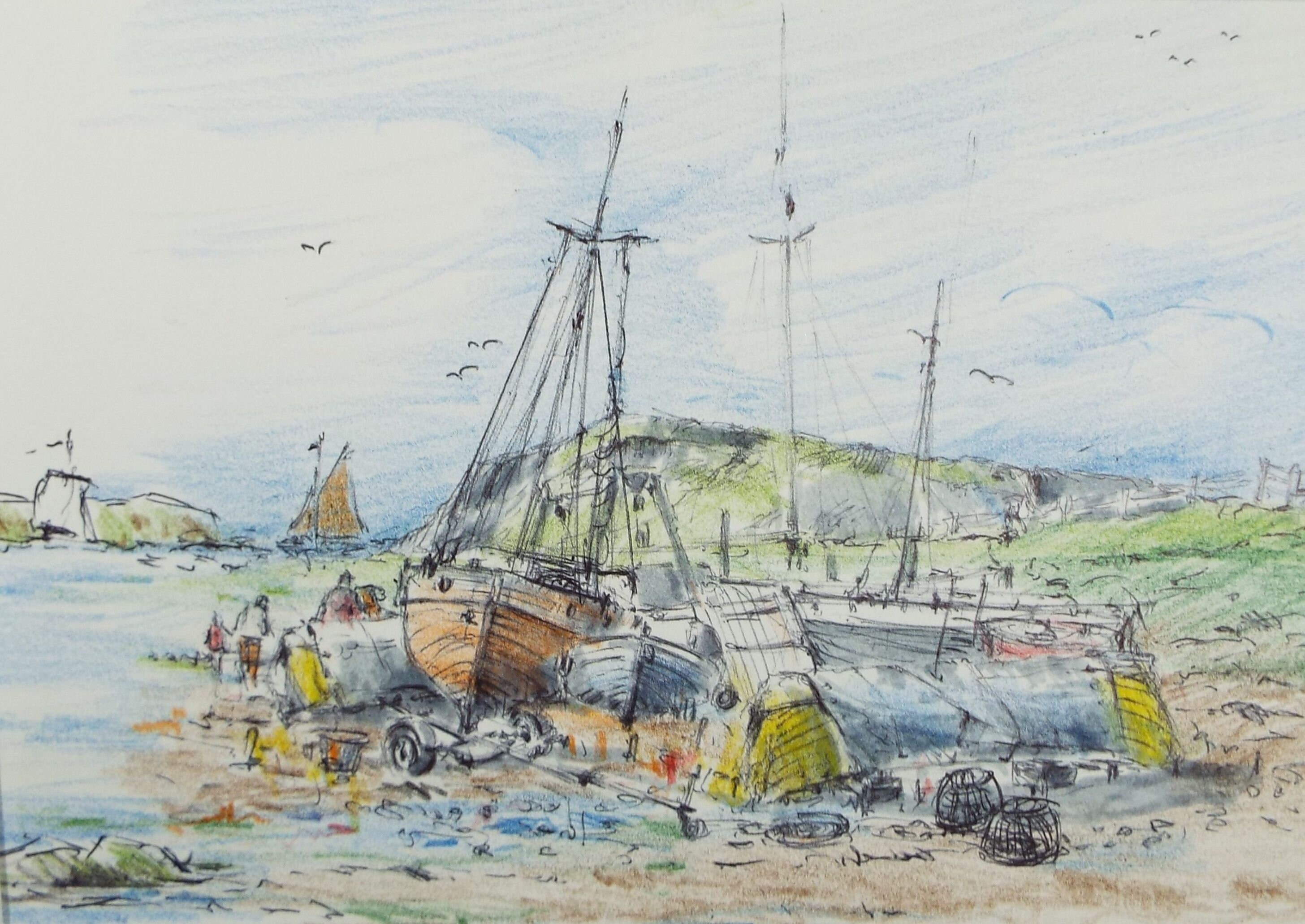 Original Pencil Drawing, 'just Boats', Circa 1990's, Artist Unknown - Etsy