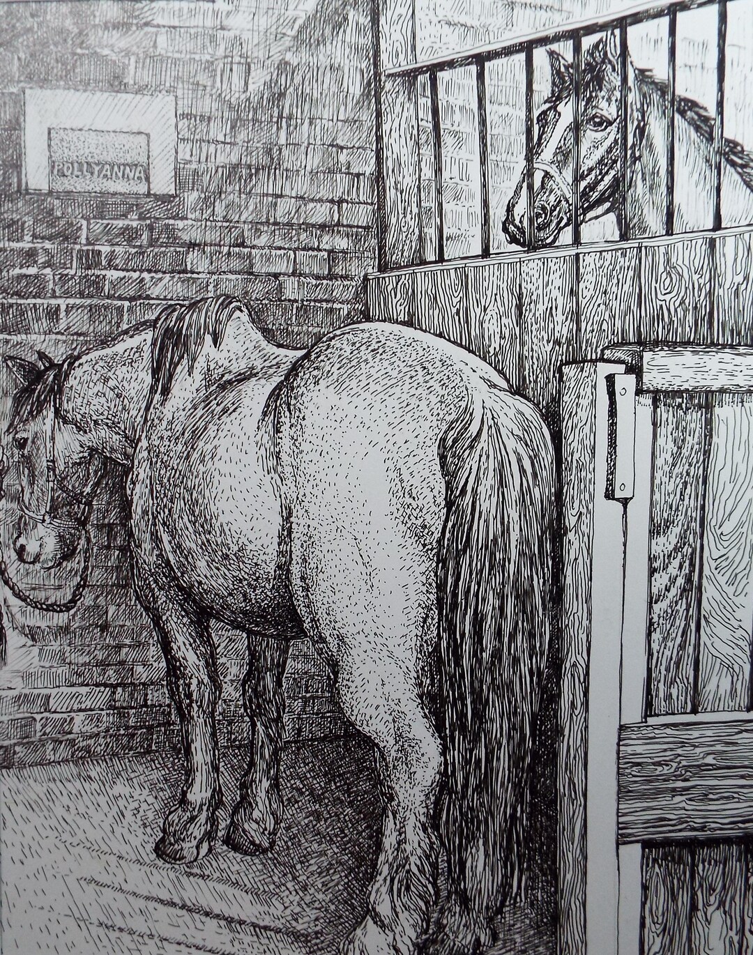 Original Scraperboard & Ink Drawing, 'pollyanna in the Stable ...
