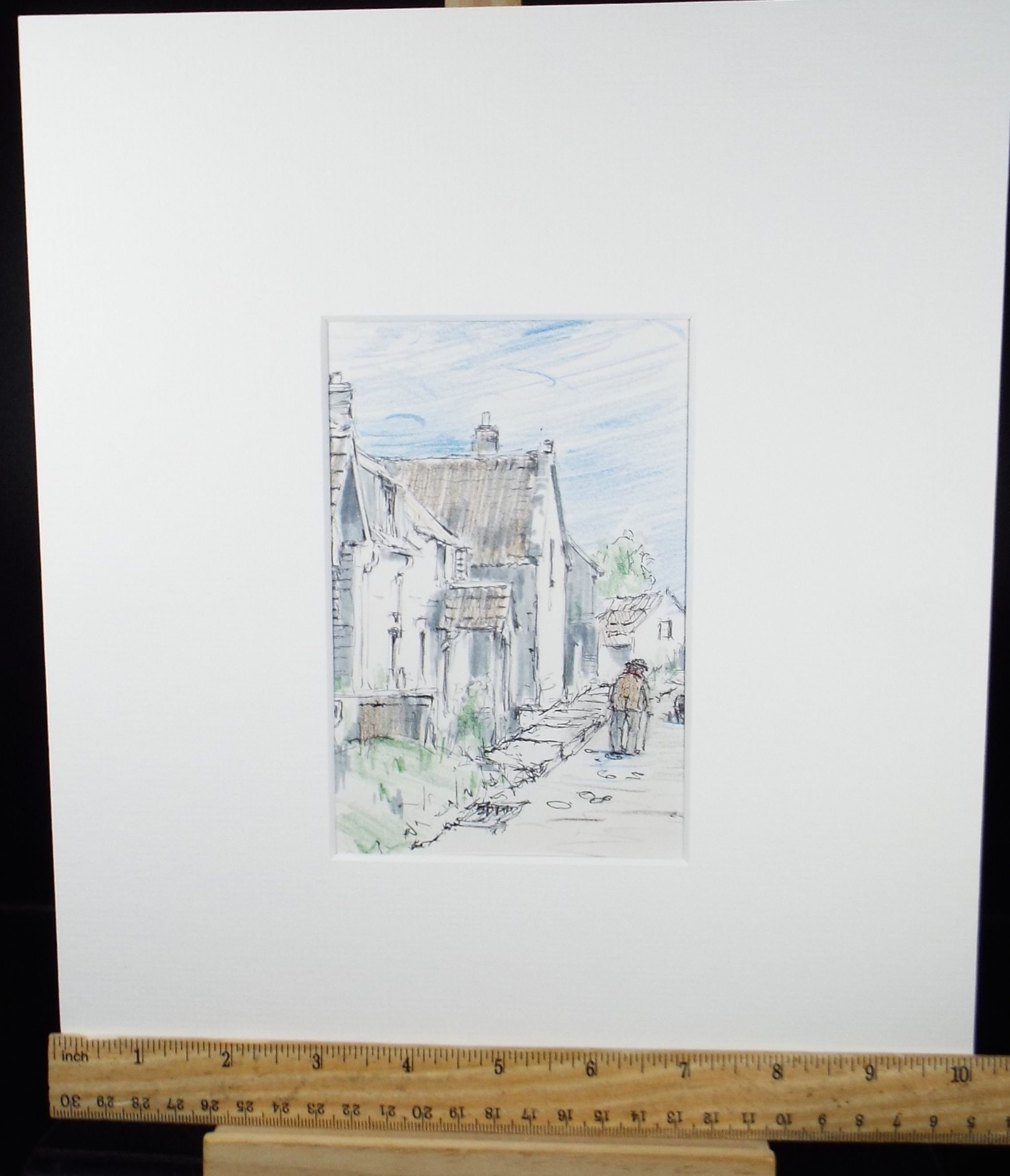 Original Pencil Drawing 'village Street With Figures' Circa 1990's ...