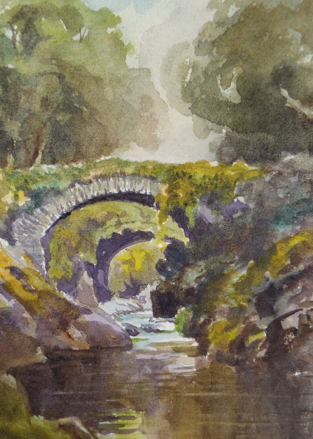 Original Watercolour, 'stone Bridge Over the River', C1940, Unknown ...