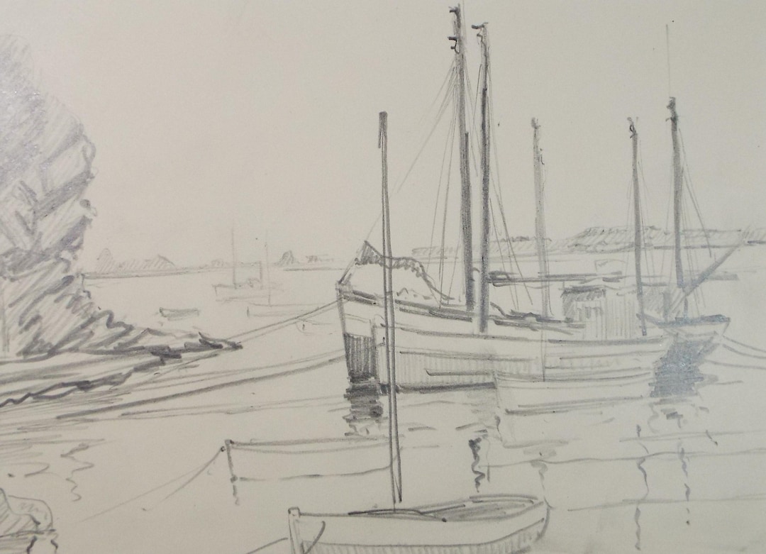Original Pencil Drawing, 'moored Boats, Circa 1950's, Artist Unknown - Etsy