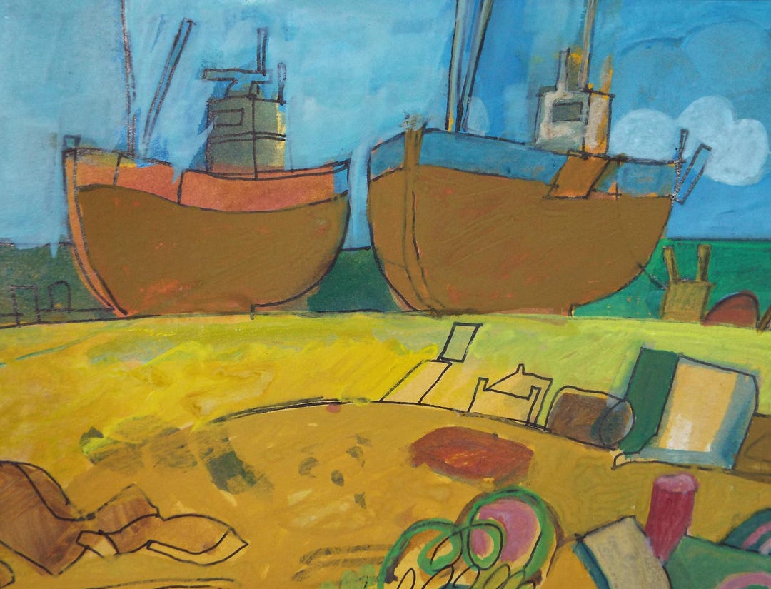 Original Watercolour Gouache , 'boats on the Shore', Colin Fifield 1940 ...