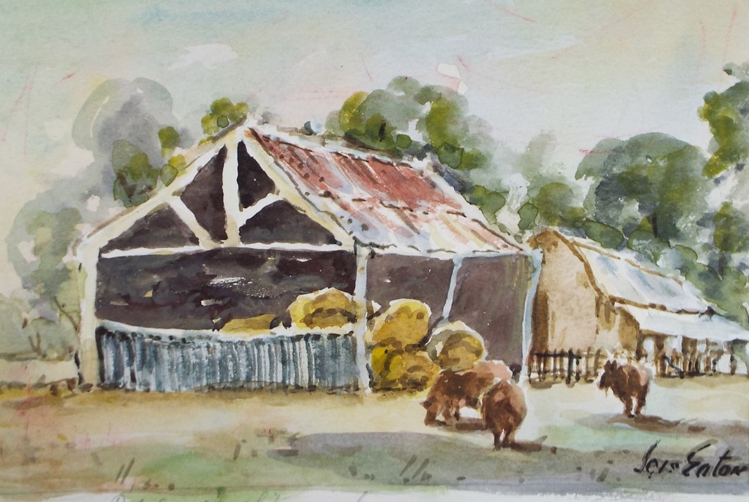 Original Watercolour, 'barns With Farm Animals', Circa 1960's ,artist ...