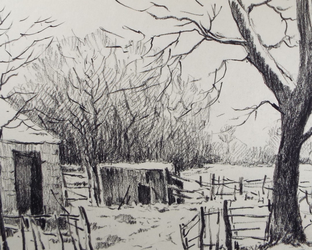 Original Pencil Drawing, 'huts in a Landscape', Circa 1990's , Artist ...