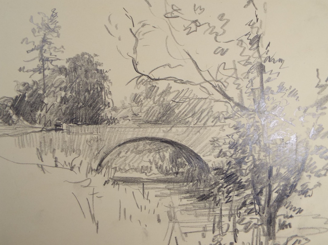 Original Pencil Drawing, 'stone Bridge Over the River', Circa 1920's ...