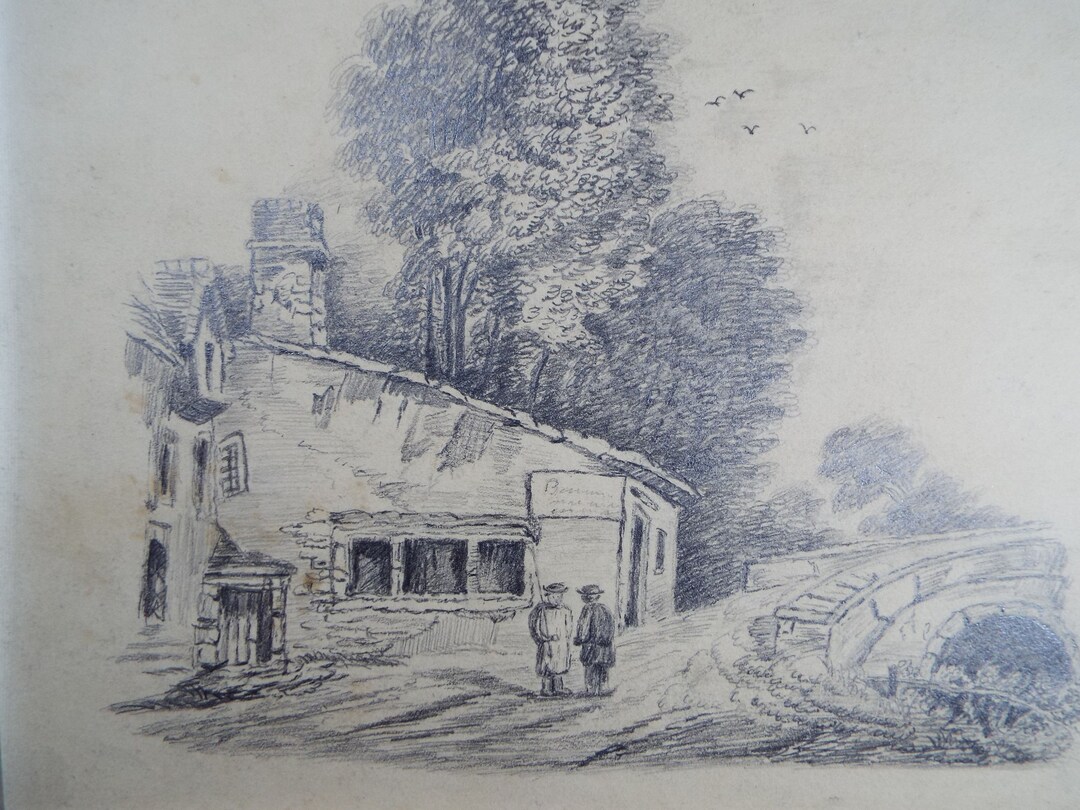 Original Pencil Drawing, 'figures by a Bridge', Late 19th Century ...
