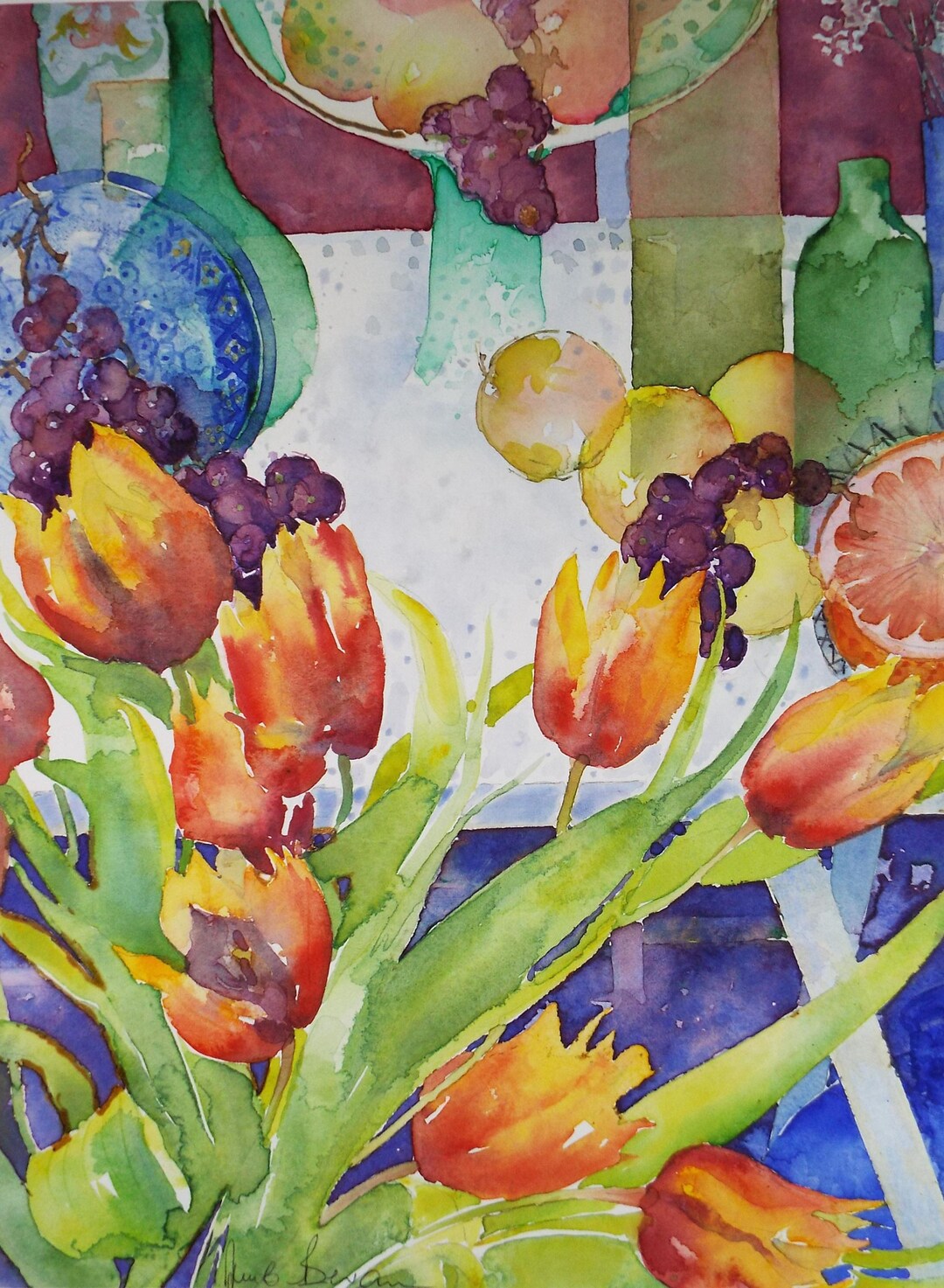 Original Watercolour, 'still Life of Tulips and Fruit', June Bevan ...