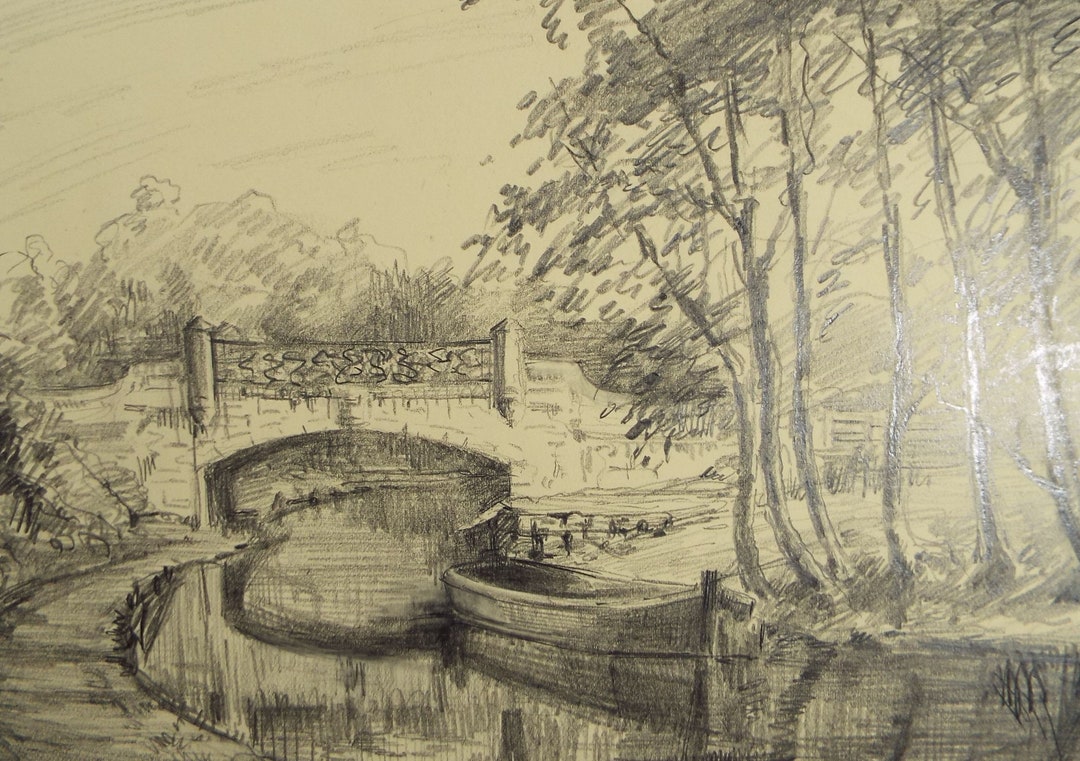 Original Pencil Drawing, 'bridge Over the Canal', Circa 1920's, Nan C ...