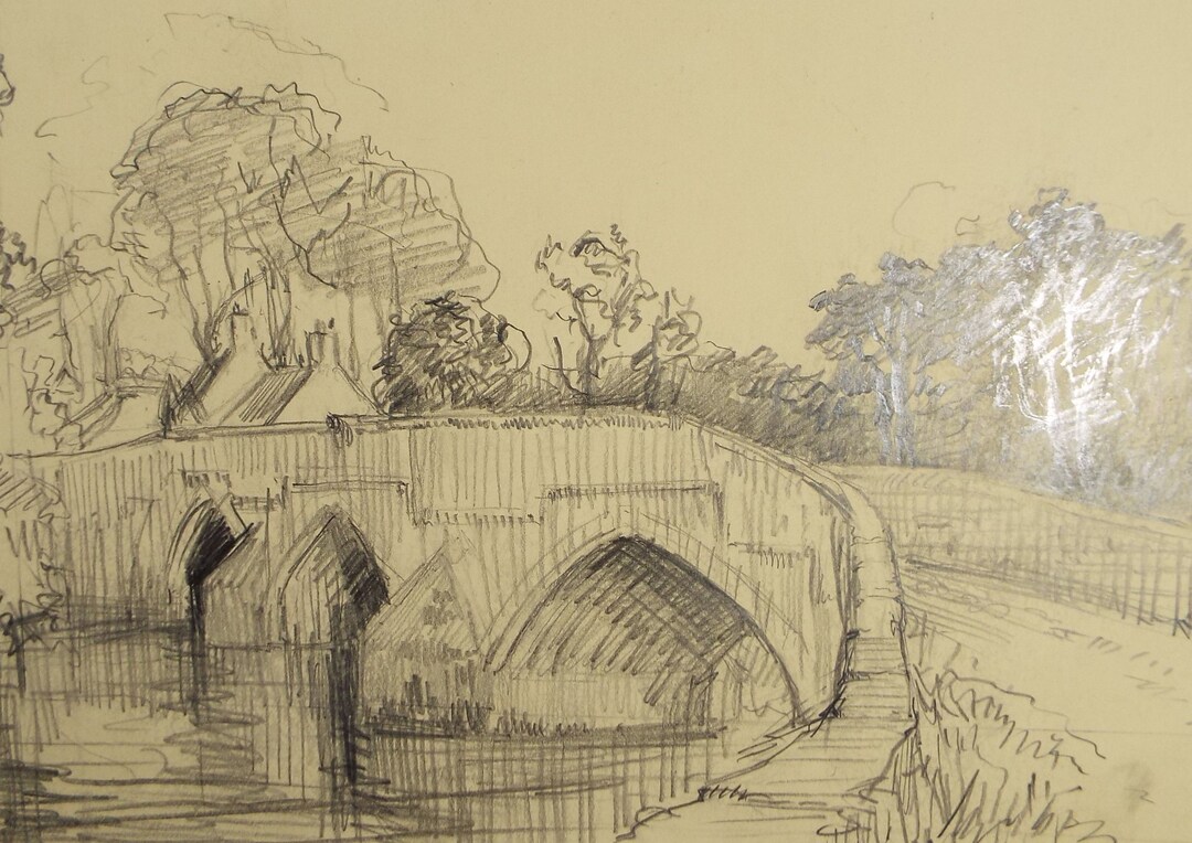 Original Pencil Drawing, 'bridge Over the River', Circa 1920's, Nan C ...