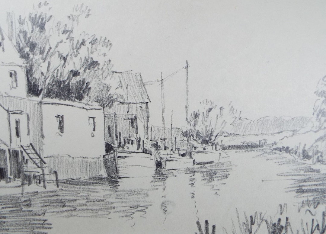 Original Pencil Drawing, 'river With Moored Boats', Circa 1990's ...