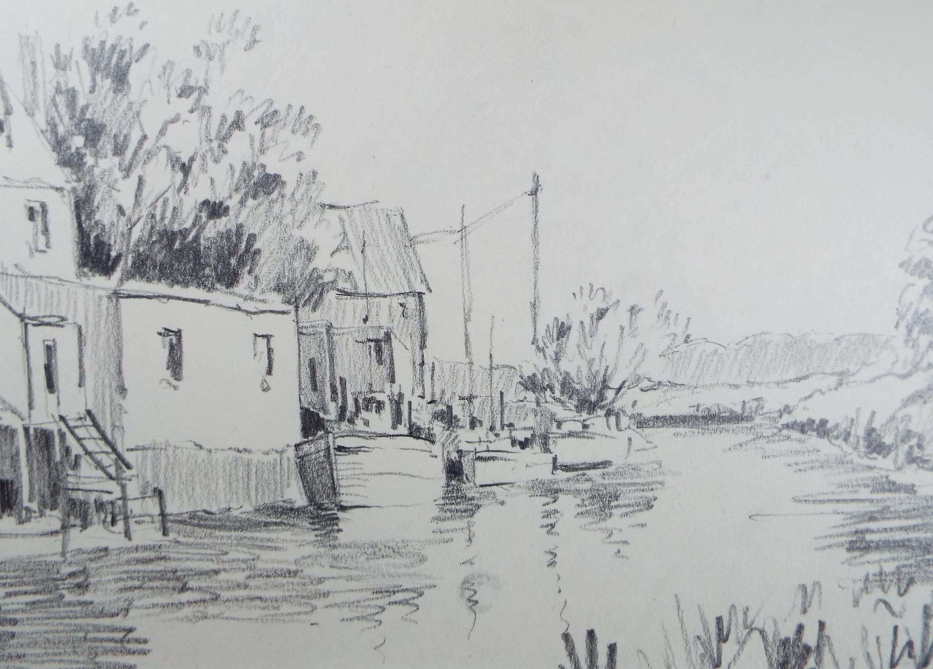 Original Pencil Drawing, 'river With Moored Boats', Circa 1990's ...