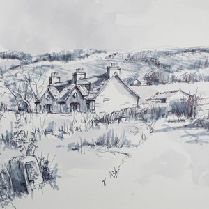 Original Watercolour & Ink, 'cottage in the Hills', Circa 1990's ...