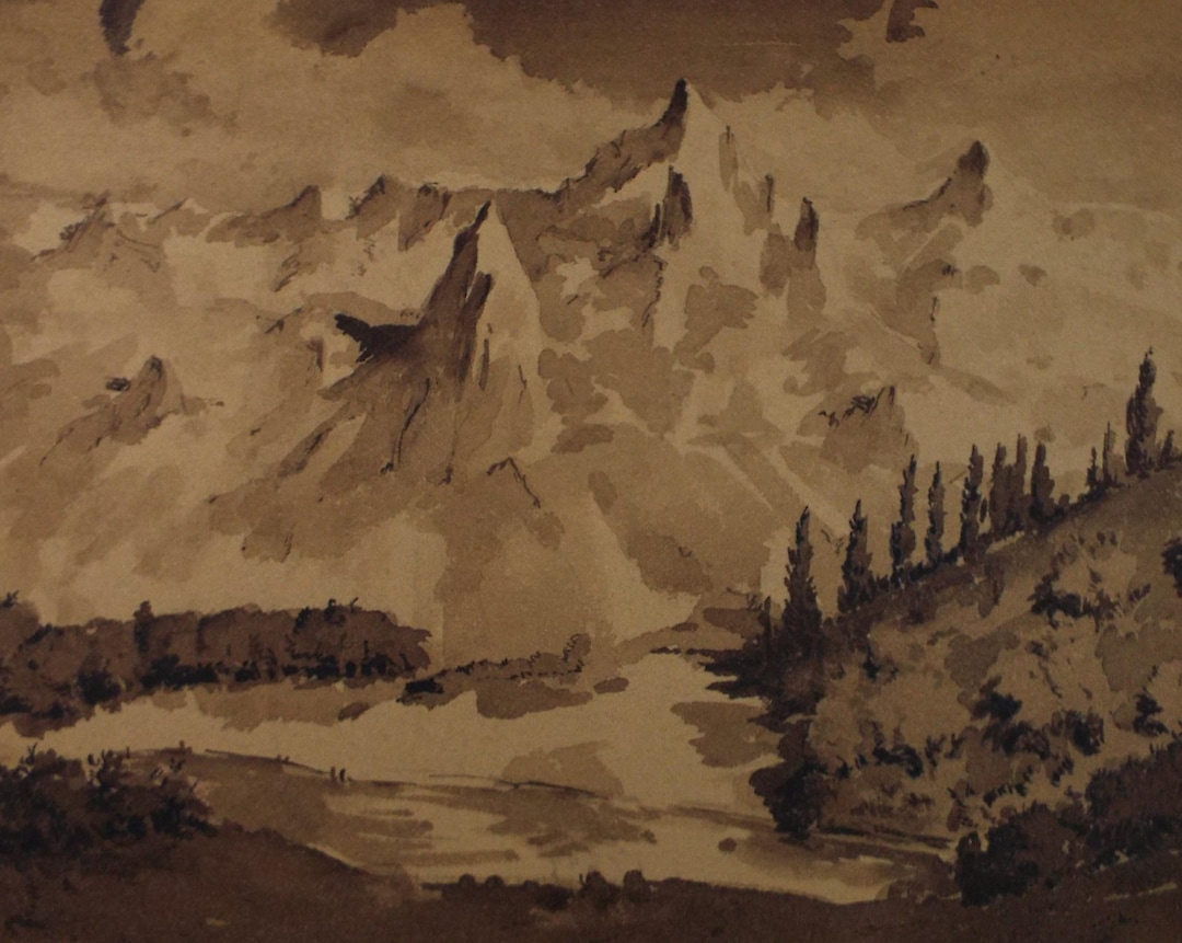 Original Sepia Watercolour, 'mountain Study', Artist Unknown, Circa ...