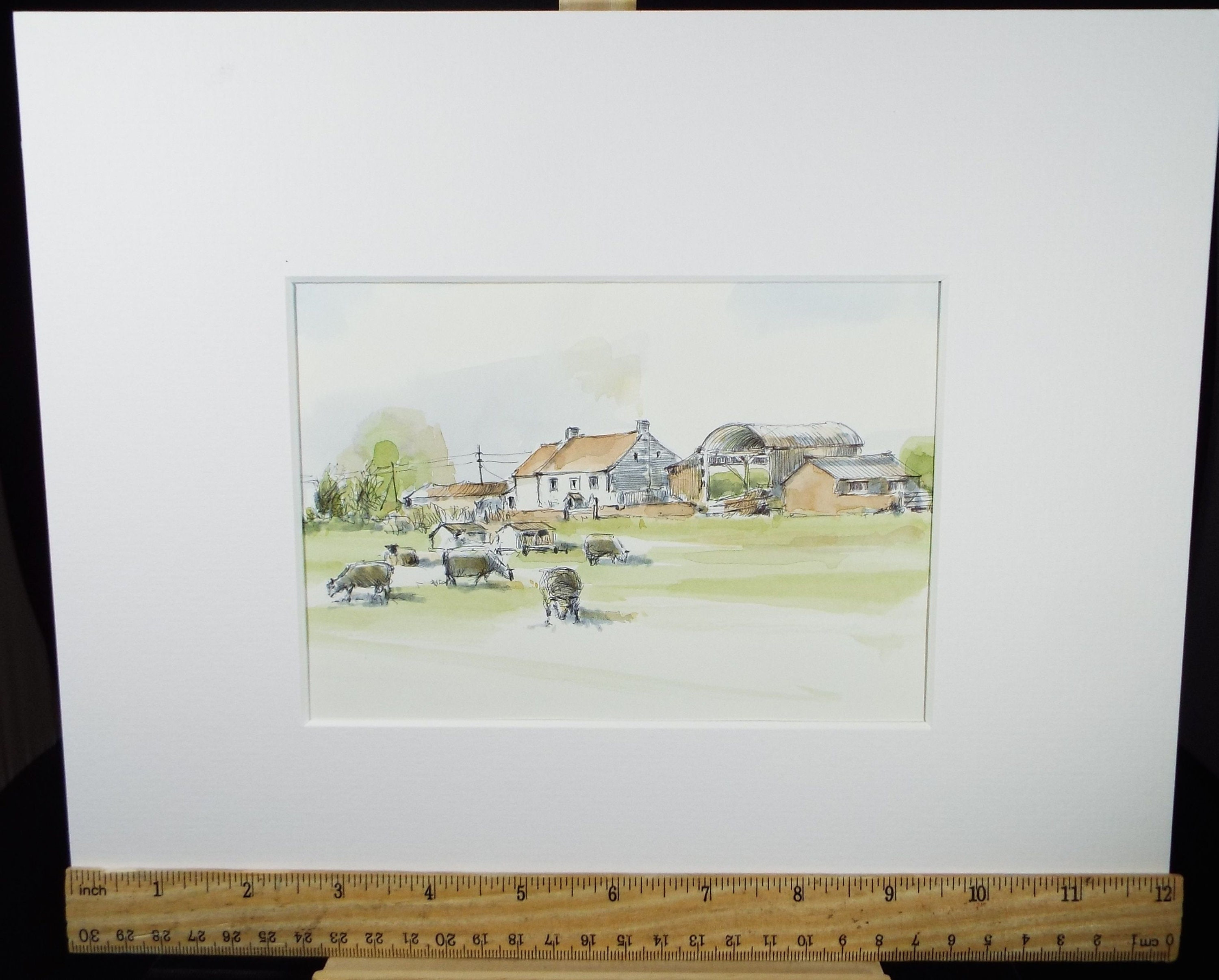 Original Watercolour & Ink, 'sheep With Farm Buildings', Circa 1990's ...