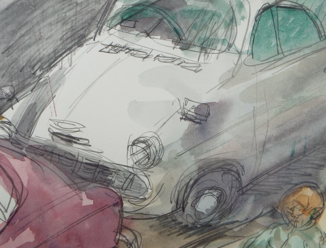 Acuarela original, 'Ford Anglia con figura', años 60, William D Clyne ...