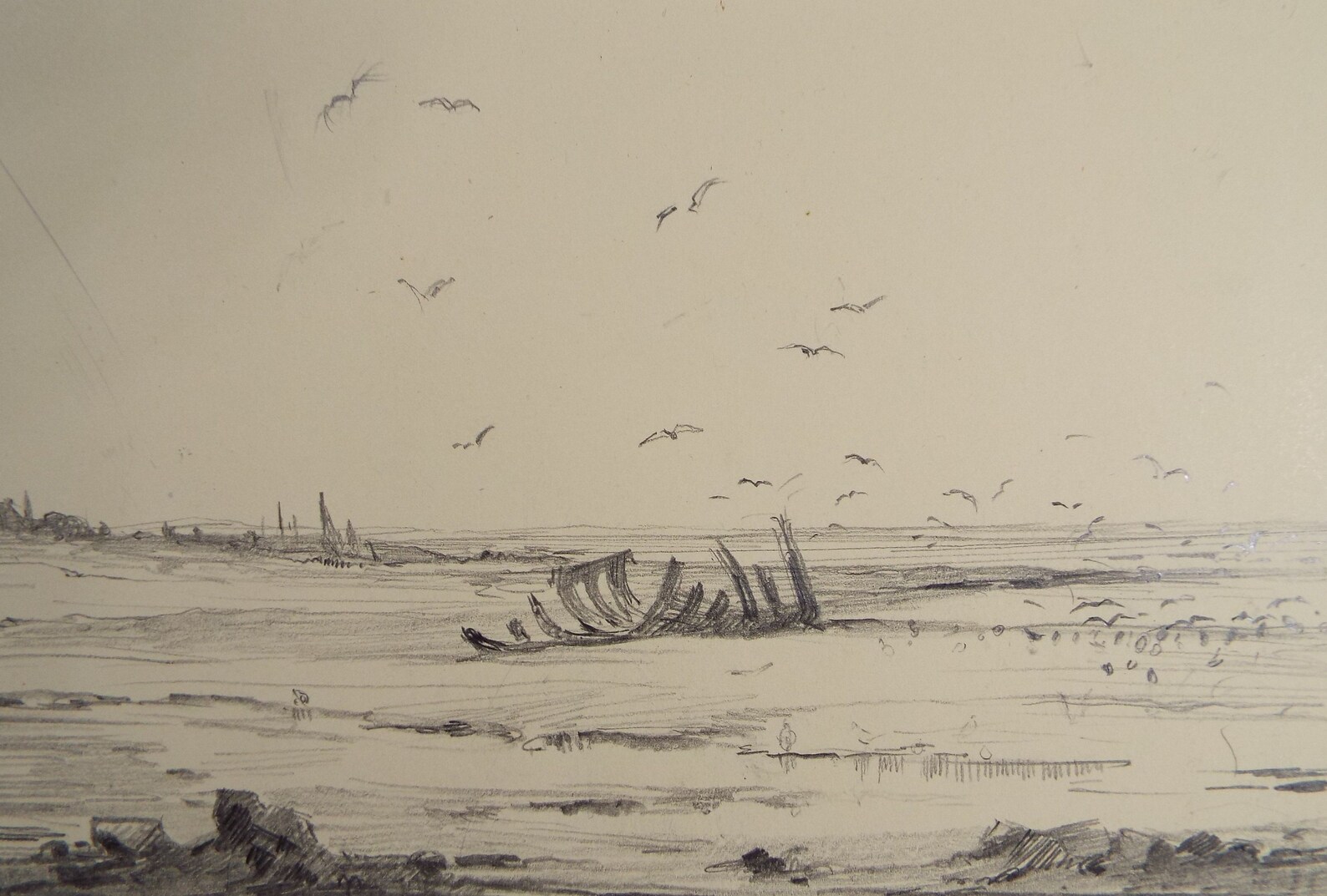 Original Pencil Drawing, 'boat Skeleton on the Shore', Circa 1920's ...