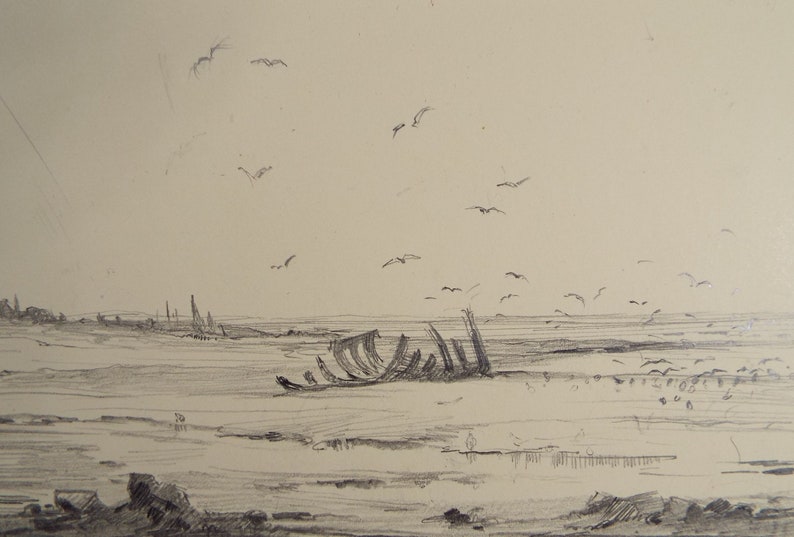 Original Pencil Drawing 'boat Skeleton on the Shore' - Etsy