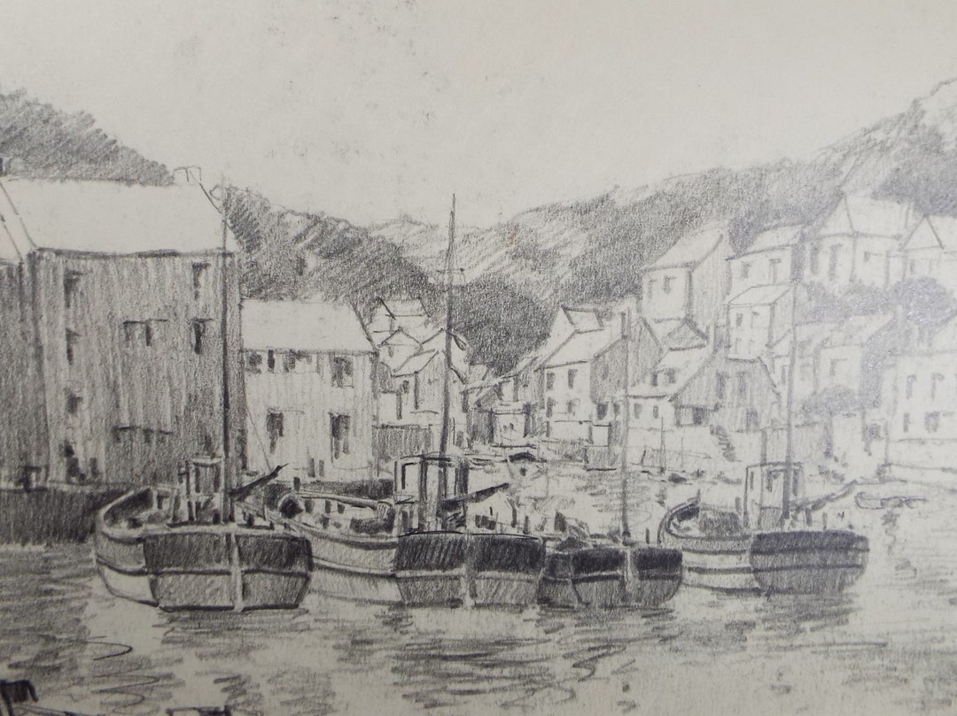 Original Pencil Drawing, Fishing Village With Boats', Circa 1990's ...