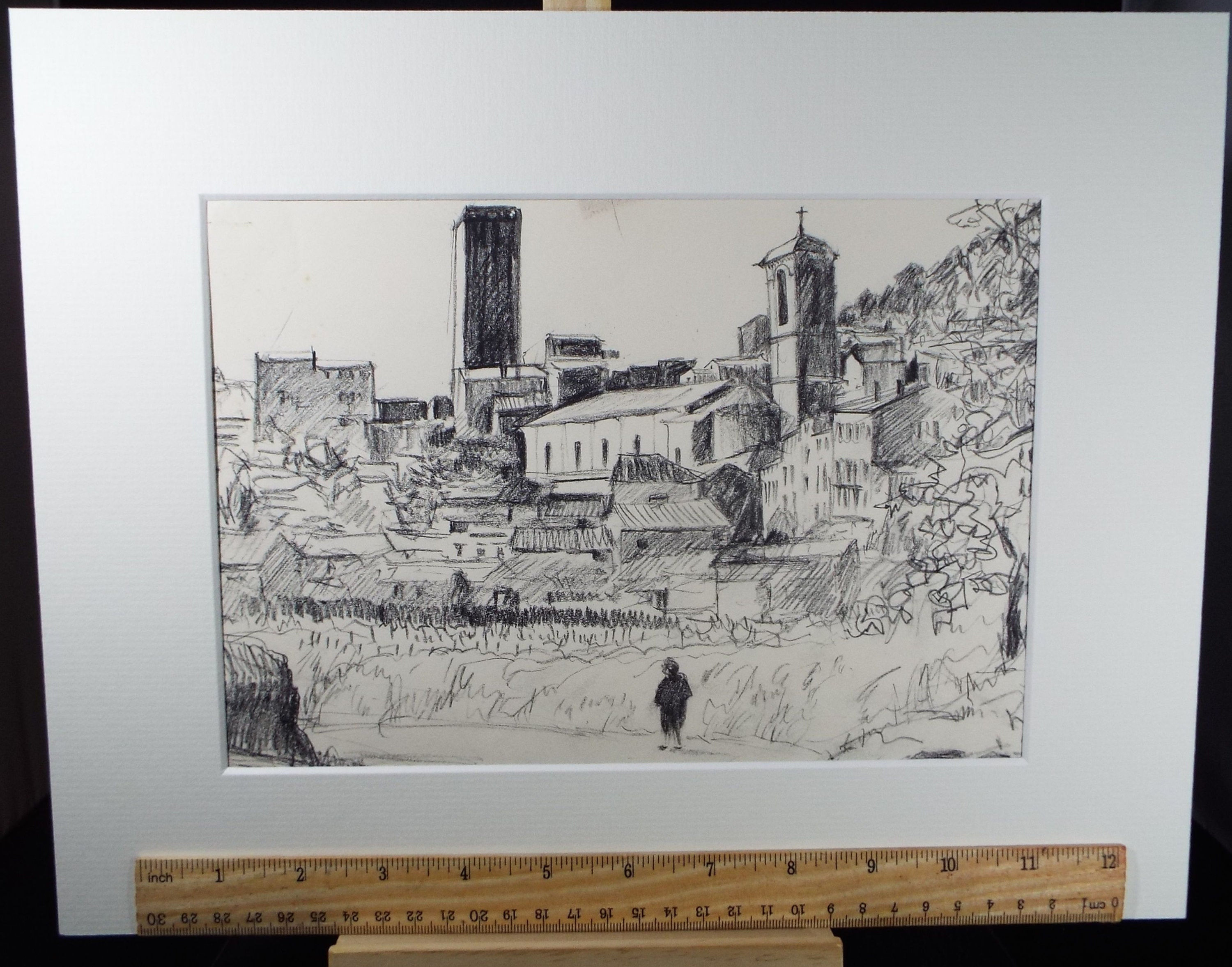 Original Pencil & Conte Drawing, 'mountain Village', Circa 1990's ...