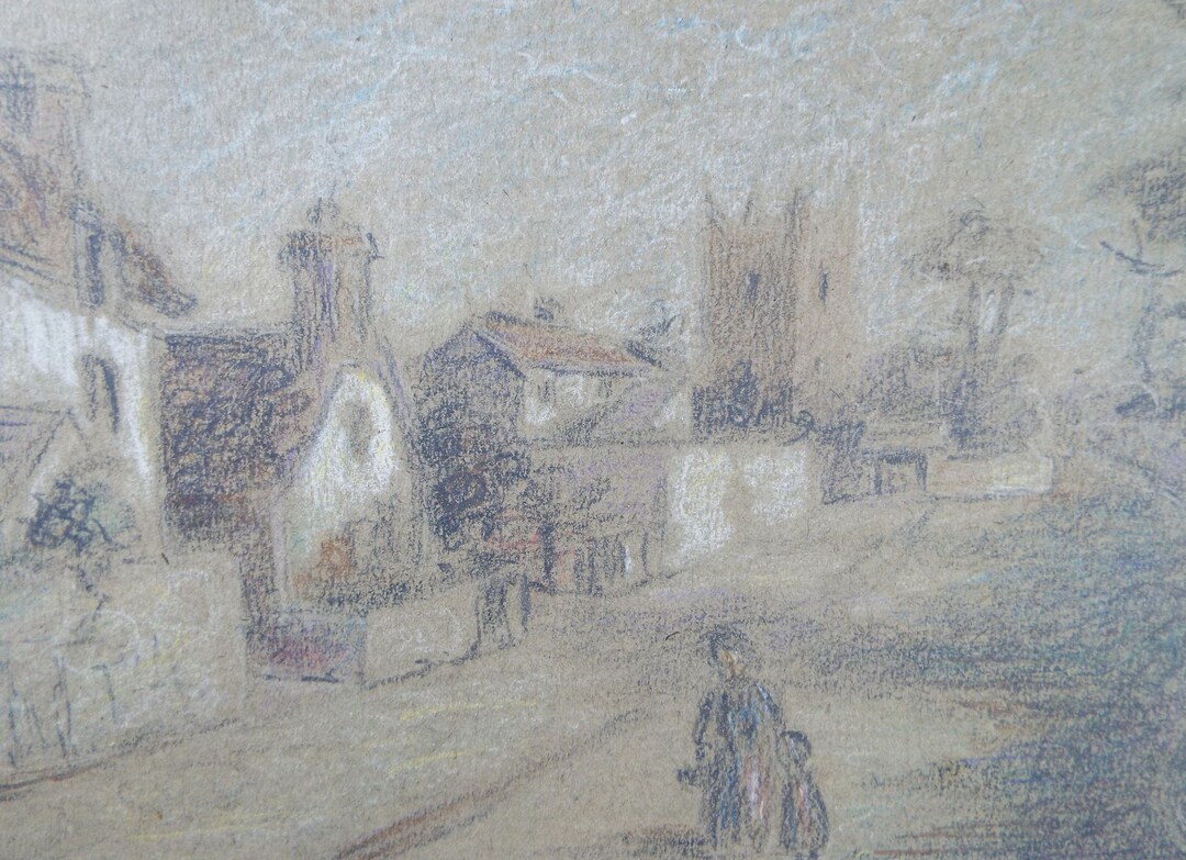 Original Pastel & Chalk, 'village Scene', Circa 1920's ,artist Unknown ...