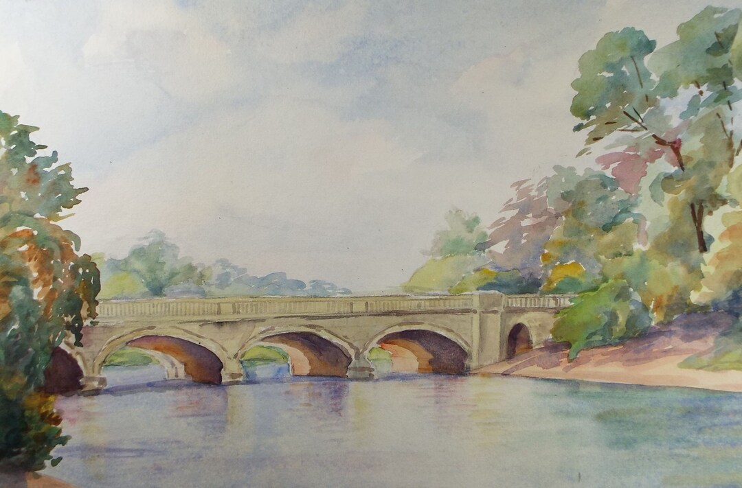 Original Watercolour 'bridge Over the Lake', Mid 20th Century, Artist ...