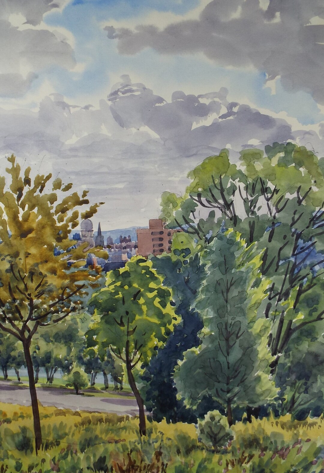 Original Watercolour, 'parkland, City Beyond', George Godfrey (20th ...