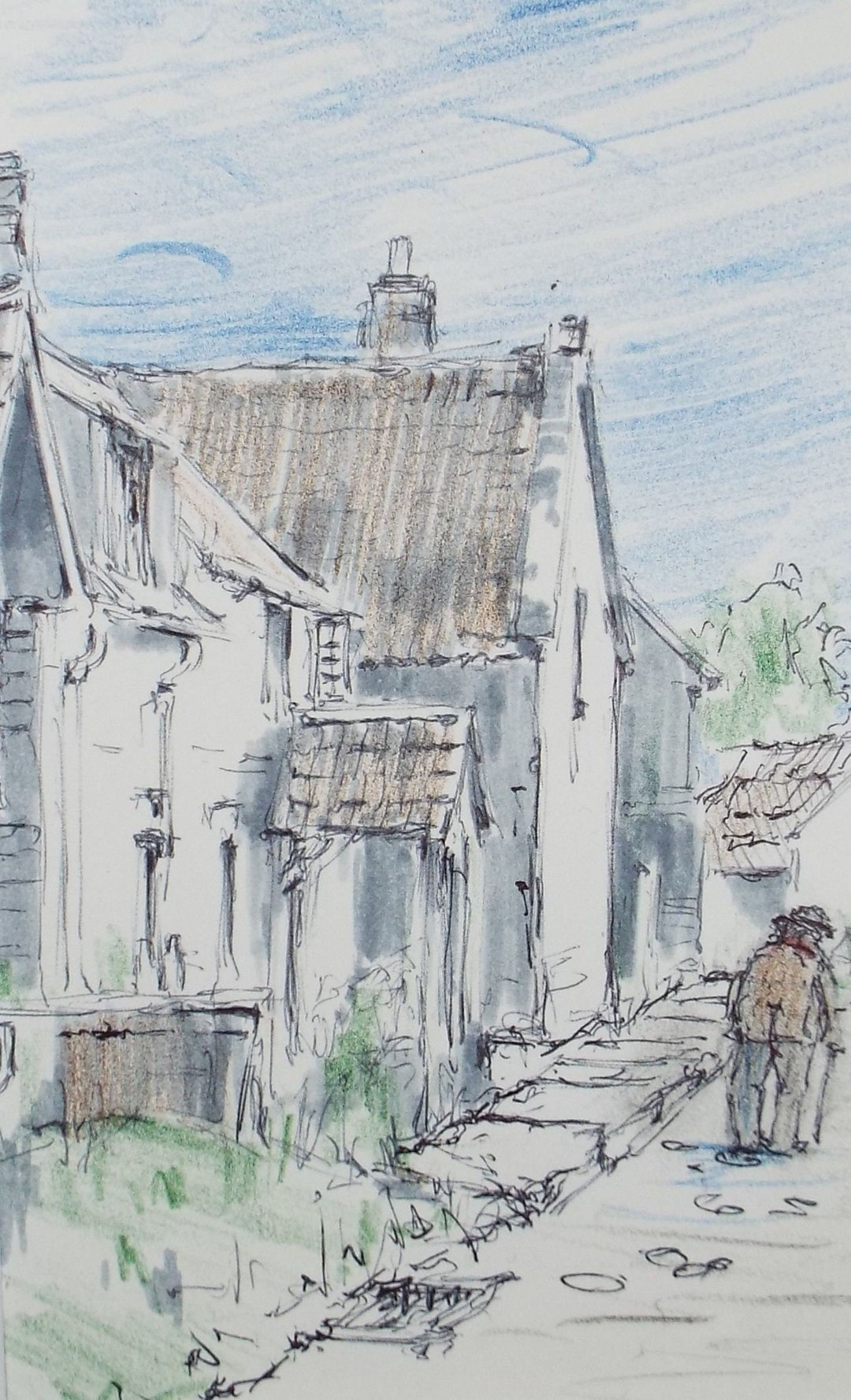 Original Pencil Drawing 'village Street With Figures' Circa 1990's ...