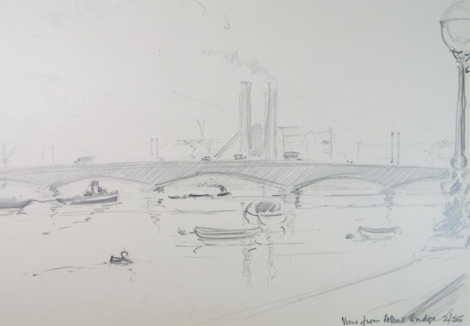 Original Pencil Drawing, 'view From Albert Bridge', Artist Unknown ...
