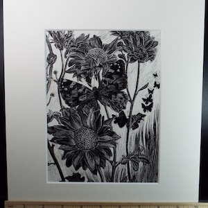 Original Scraperboard Drawing, 'summer Flowers With Butterflies ...