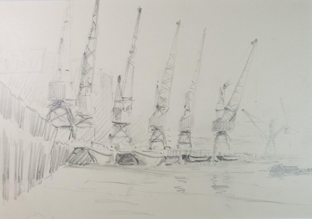 Original Pencil Drawing, 'thames Cranes', Artist Unknown, Circa 1950's ...